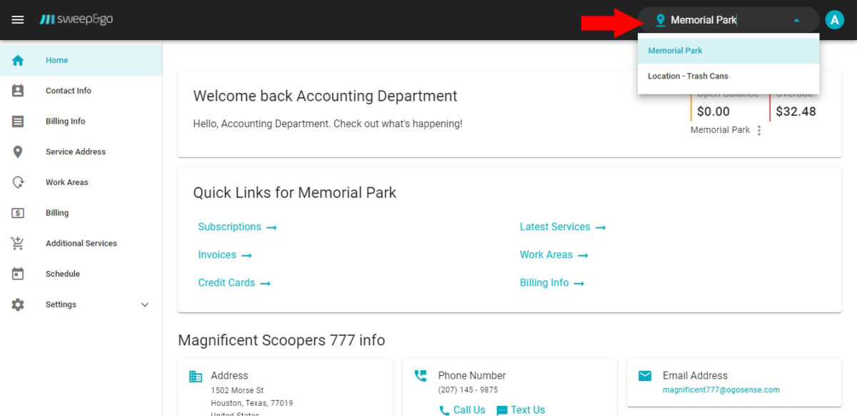 Commercial Client Portal - Client Dashboard - Sweep&Go