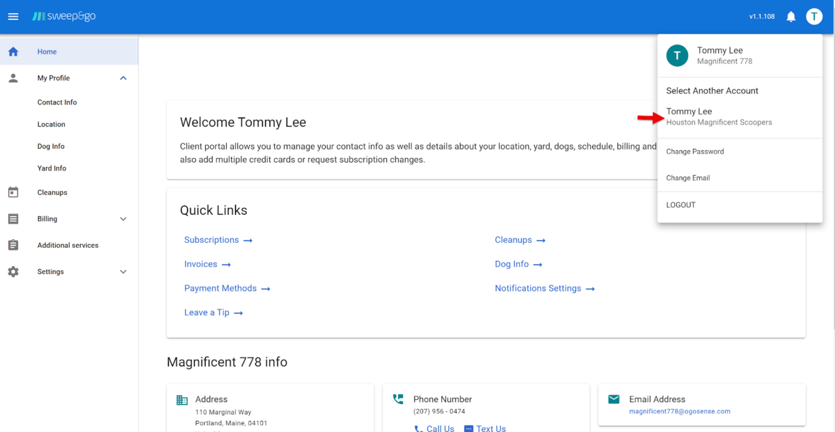 Client Portal Multi-account Switcher - Client Management - Sweep&Go